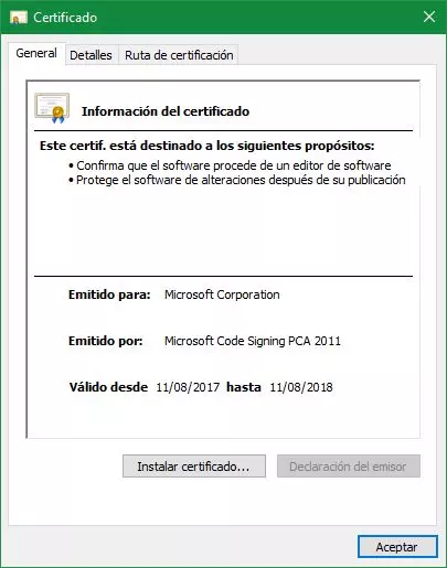 Ominaisuudet tiedosto Windows 10 - Varmenne