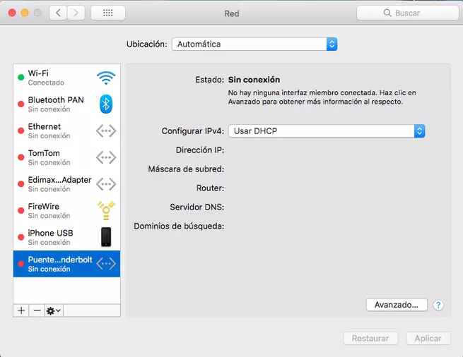 macOS configuració de la connexió Thunderbolt