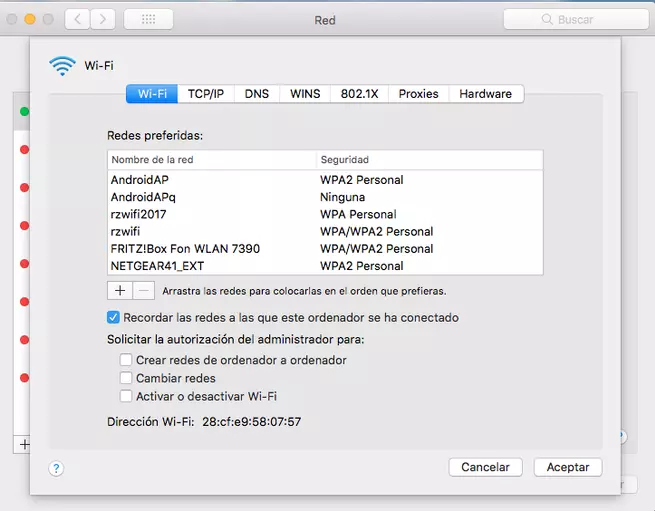 Дополнительные параметры интерфейса Wi-Fi в macOS
