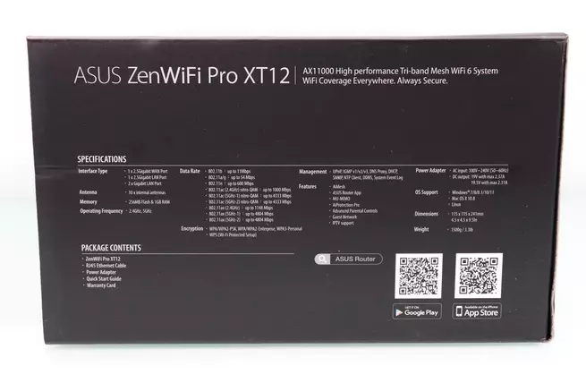 Kairioji ASUS ZenWiFi Pro XT12 WiFi tinklelio dėžutės pusė išsamiai