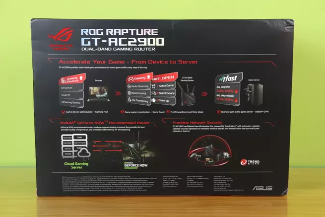 Nyuma ya kipochi cha kipanga njia cha michezo cha ASUS ROG Rapture GT-AC2900 kwa undani