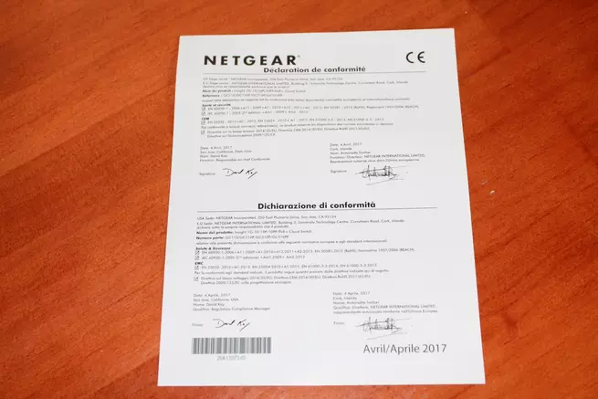 Declaració de conformitat del switch NETGEAR GC110P