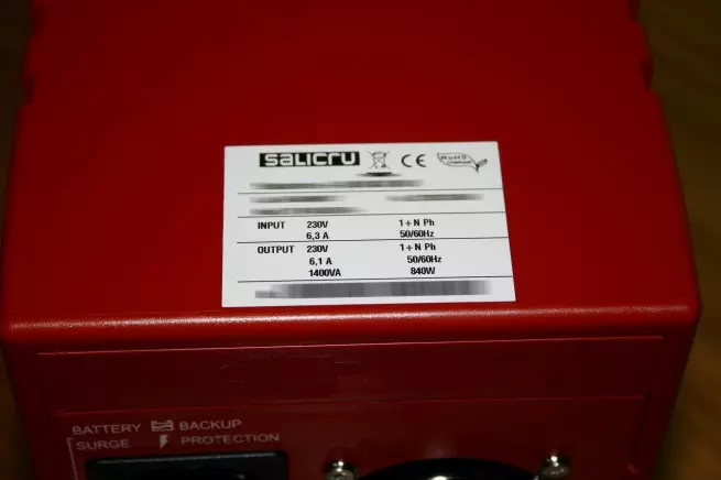 View of the electrical characteristics of the Salicru SPS SOHO 1400VA