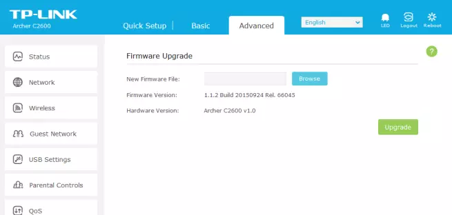 TP-LINK Archer C2600: menyu yapamwamba ya firmware
