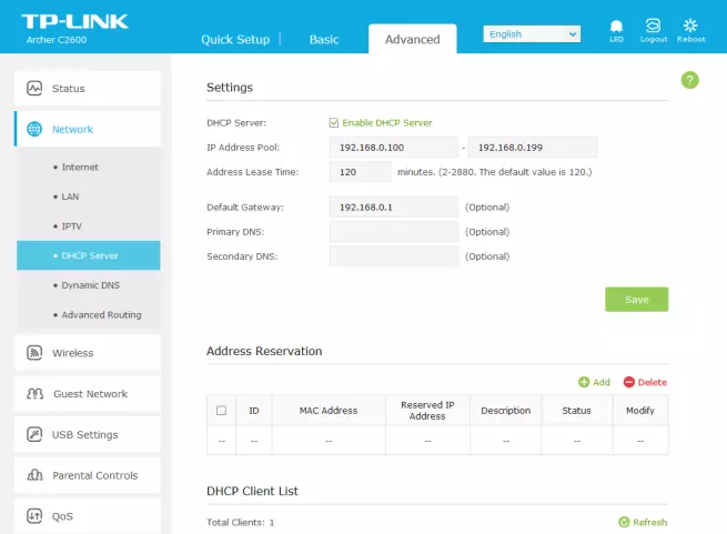 TP-LINK Archer C2600: Menu sare