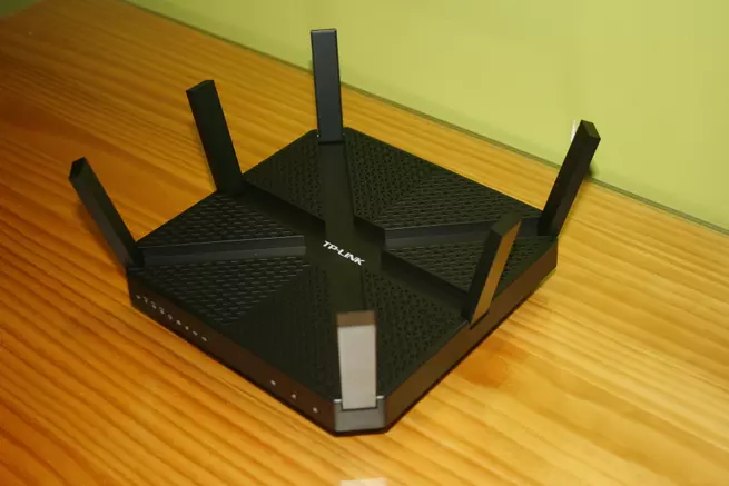 Front view of the TP-Link Archer C3200 router with the deployable antennas