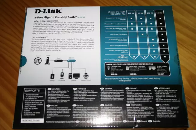 D-Link DGS-108 უმართავი გადამრთველი ყუთის უკან