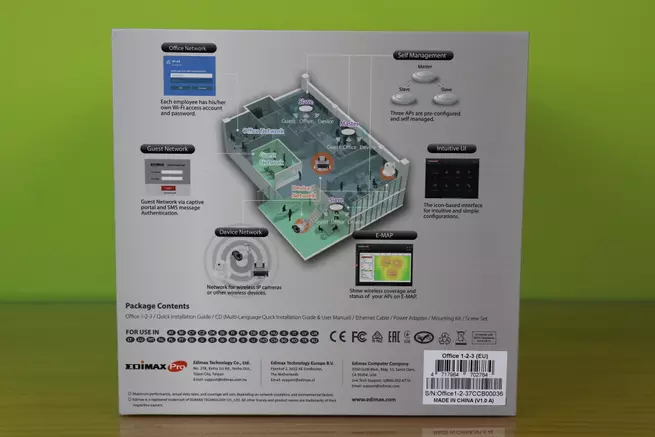 Back of the Edimax Office 1-2-3 box with examples of how to deploy this solution