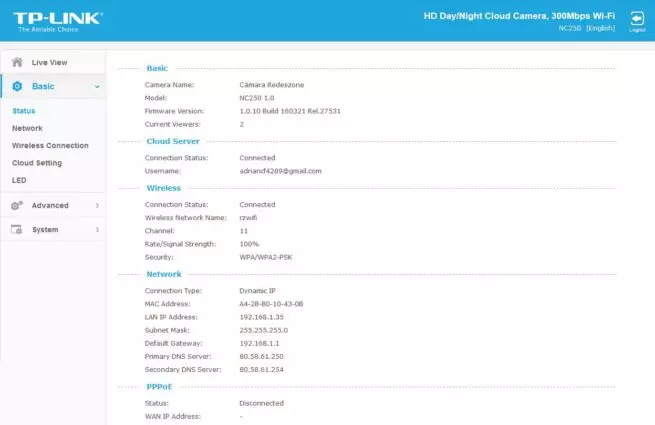 TP-Link NC250: Analisis kaméra IP ieu sareng ngarékam HD 720p 25530_35