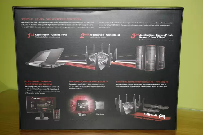 Bagian belakang kotak router ASUS GT-AC5300 dengan spesifikasi game yang mendetail