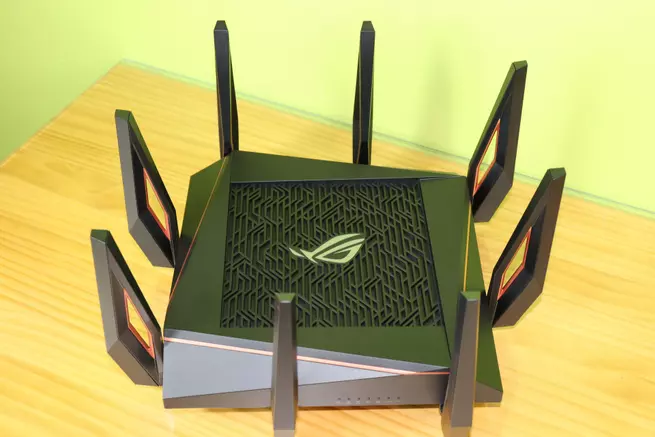 View of the ASUS ROG Rapture GT-AX11000 gaming router with the 8 external antennas