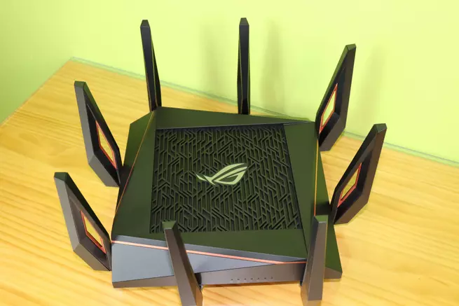 View of the ASUS ROG Rapture GT-AX11000 gaming router with the 8 external antennas