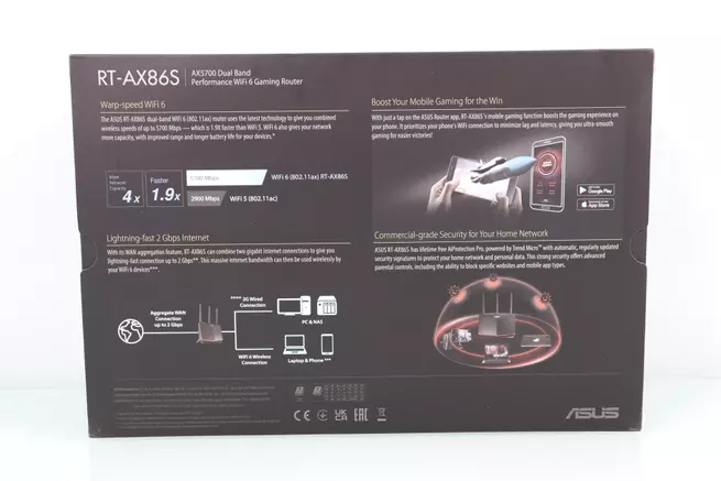 Agterkant van ASUS RT-AX86S WiFi 6-speletjie-router-omhulsel