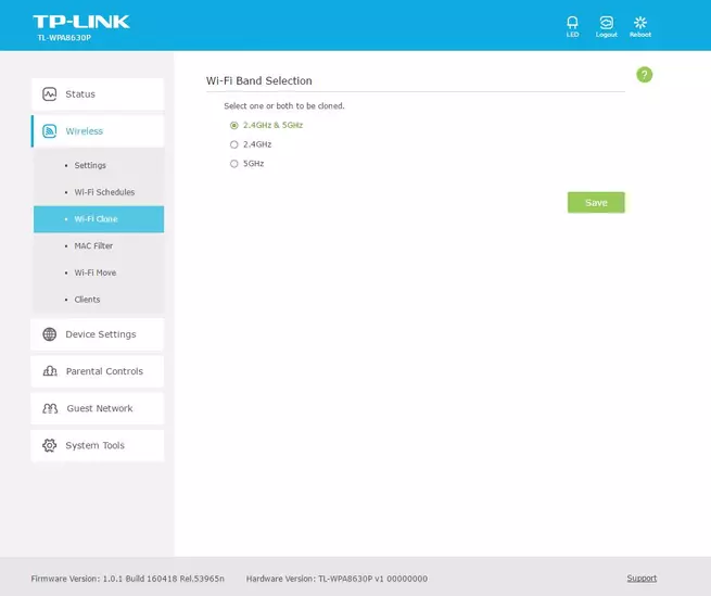 Zaɓin Wi-Fi Clone a cikin menu na saitin gidan yanar gizo na TP-Link PLCs TL-WPA8630P KIT