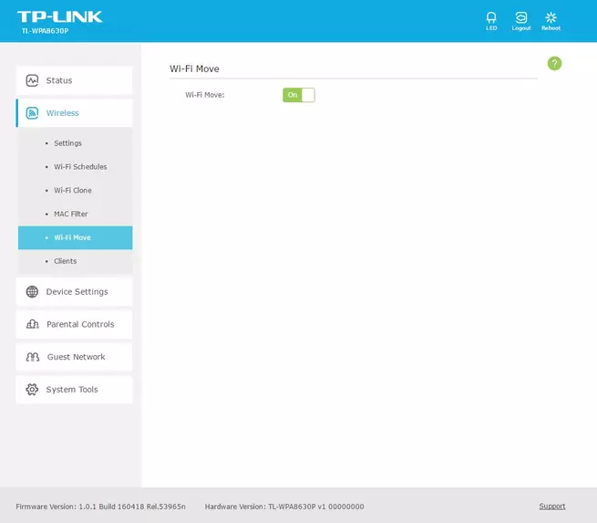 Zaɓin Wi-Fi MOve a cikin menu na saitin gidan yanar gizo na TP-Link PLCs TL-WPA8630P KIT