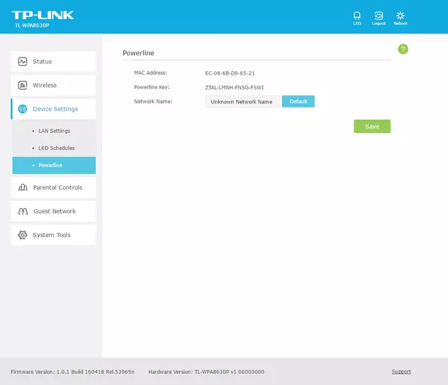 TP-link PLCs TL-WPA8630P KIT ನ ವೆಬ್ ಕಾನ್ಫಿಗರೇಶನ್ ಮೆನುವಿನ ಪವರ್ಲೈನ್ ವಿಭಾಗ