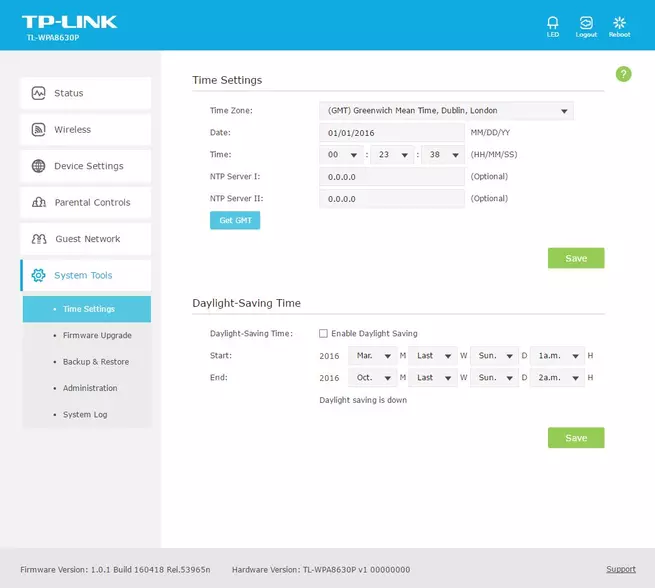 PLCs TP-Link TL-WPA8630P KIT ಯ ವೆಬ್ ಕಾನ್ಫಿಗರೇಶನ್ ಮೆನುವಿನ ಸಮಯ ವಲಯ