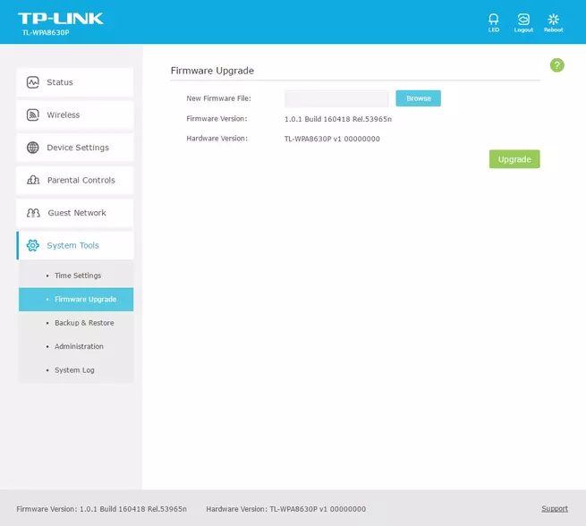 Sabunta firmware na menu na saitin gidan yanar gizo na PLCs TP-LINK TL-WPA8630P KIT