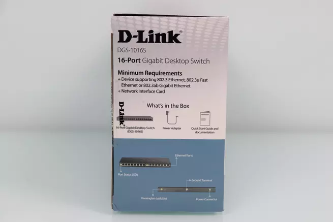 Tampilan sisih kiwa saka saklar D-Link DGS-1016S sing ora dikelola kanthi rinci